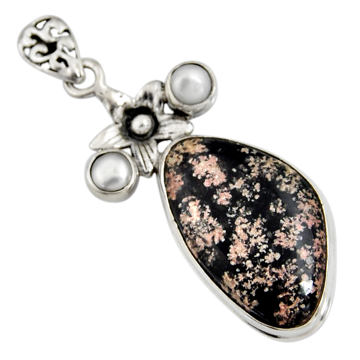 925 Silver Natural Pink Firework Obsidian Pearl Flower Pendant R8450 ...