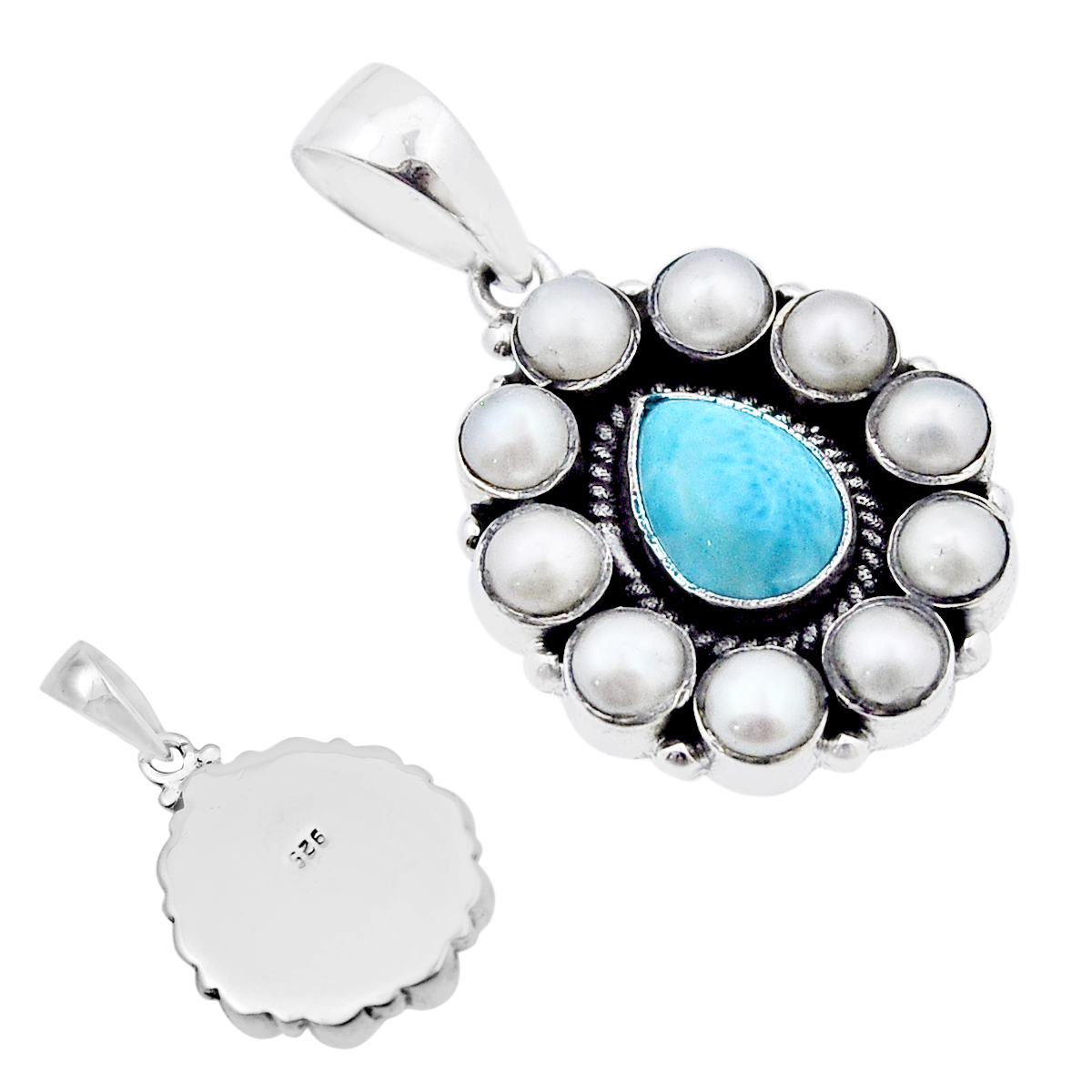 925 Silver Back Closed Natural Blue Larimar White Pearl Pendant C32046 ...
