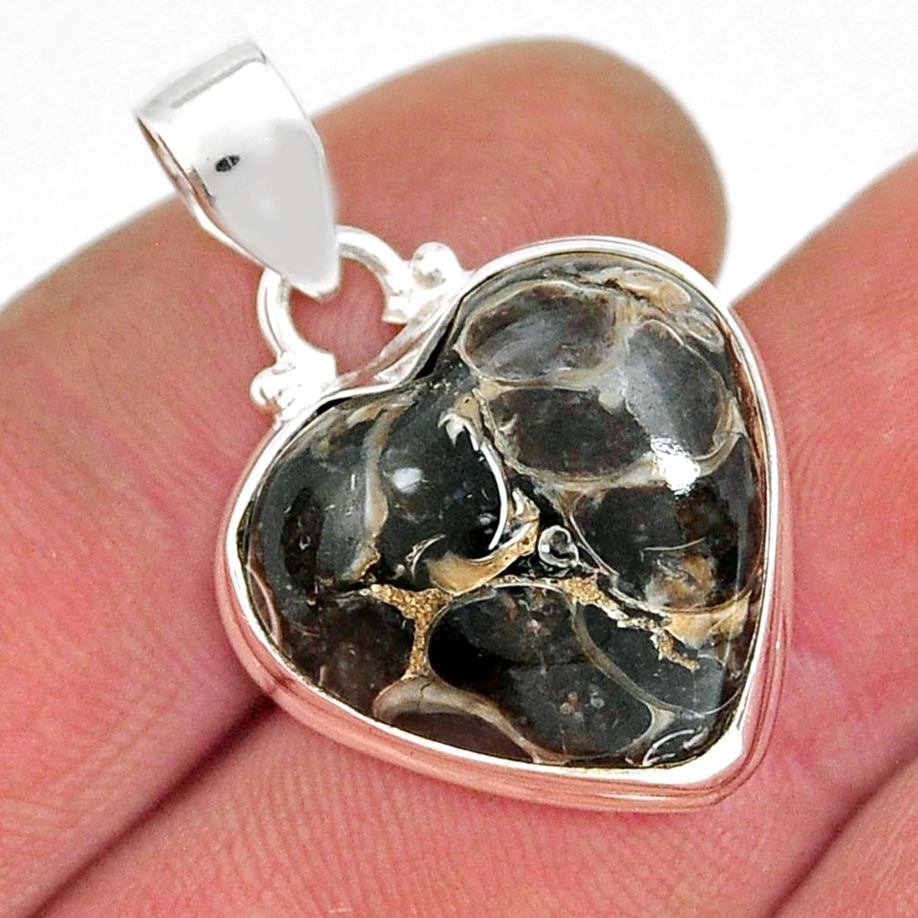 925 Silver Heart Natural Turritella Fossil Snail Agate Pendant Y21247