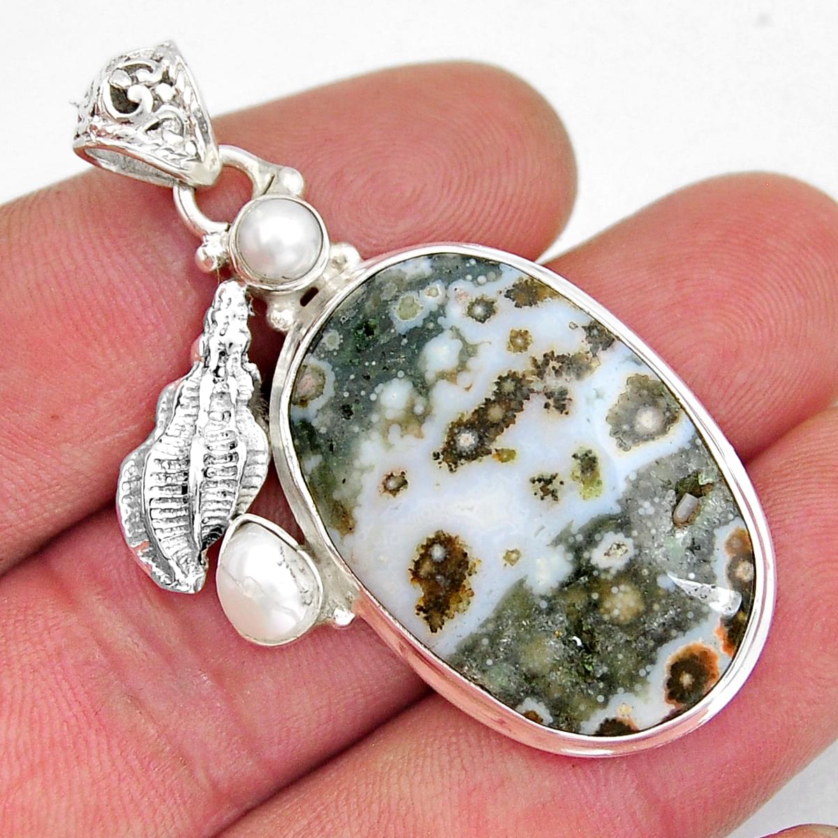 925 Silver Shell Natural Ocean Sea Jasper White Pearl Pendant Y21331 ...
