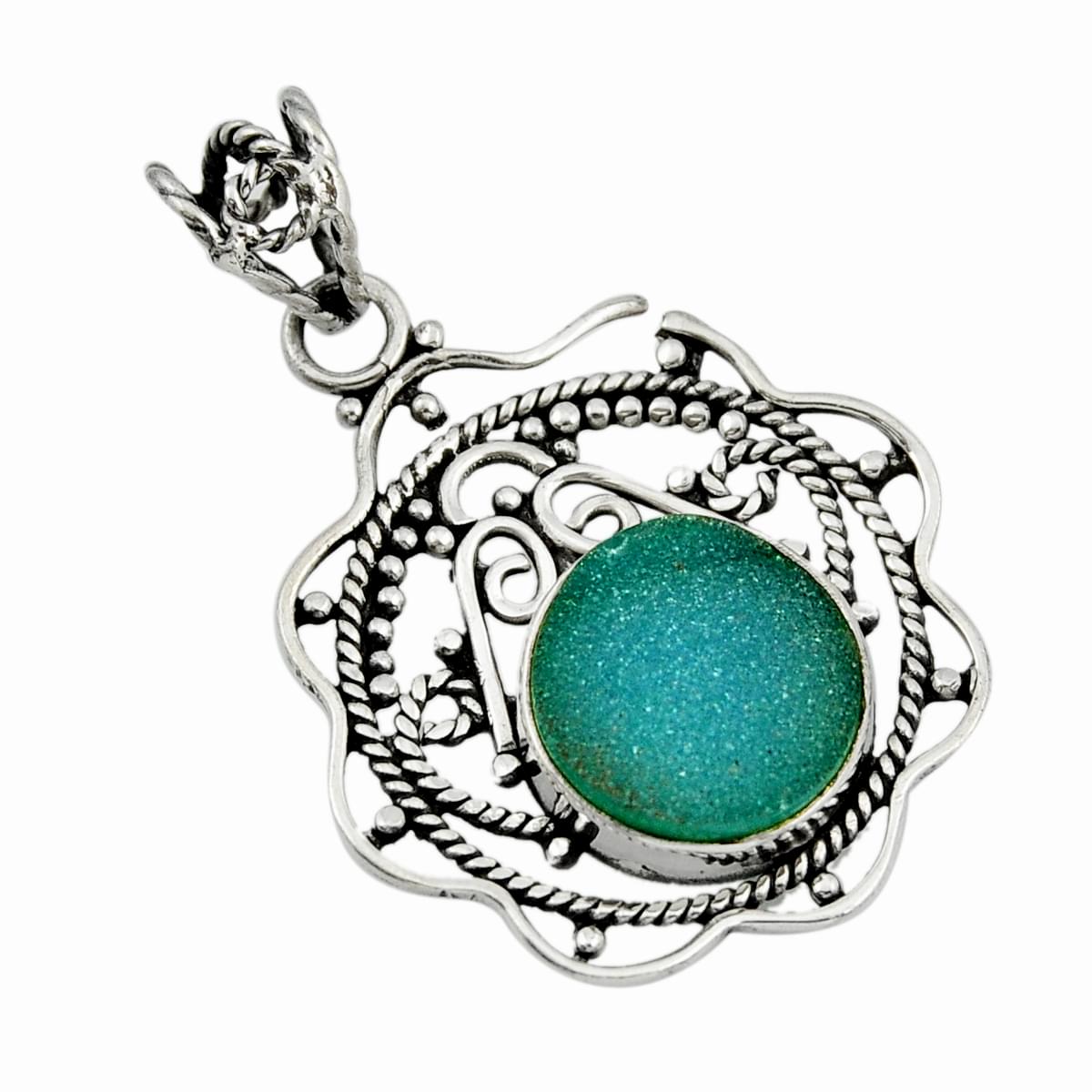 925 Sterling Silver Green Druzy Round Shape Pendant Jewelry Y36252 | Gemexi