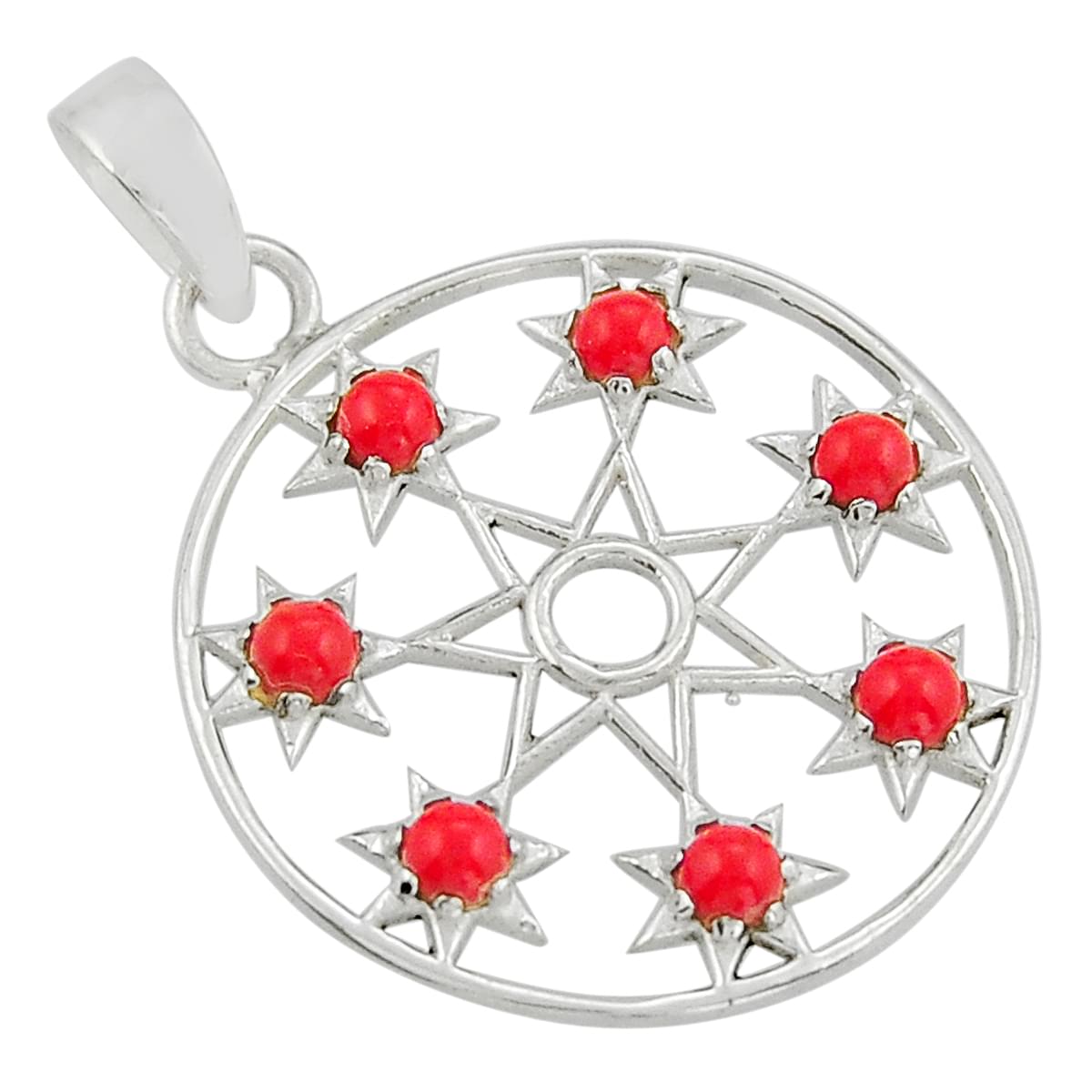 925 Sterling Silver Star Red Coral Round Shape Pendant Jewelry Y27386 ...