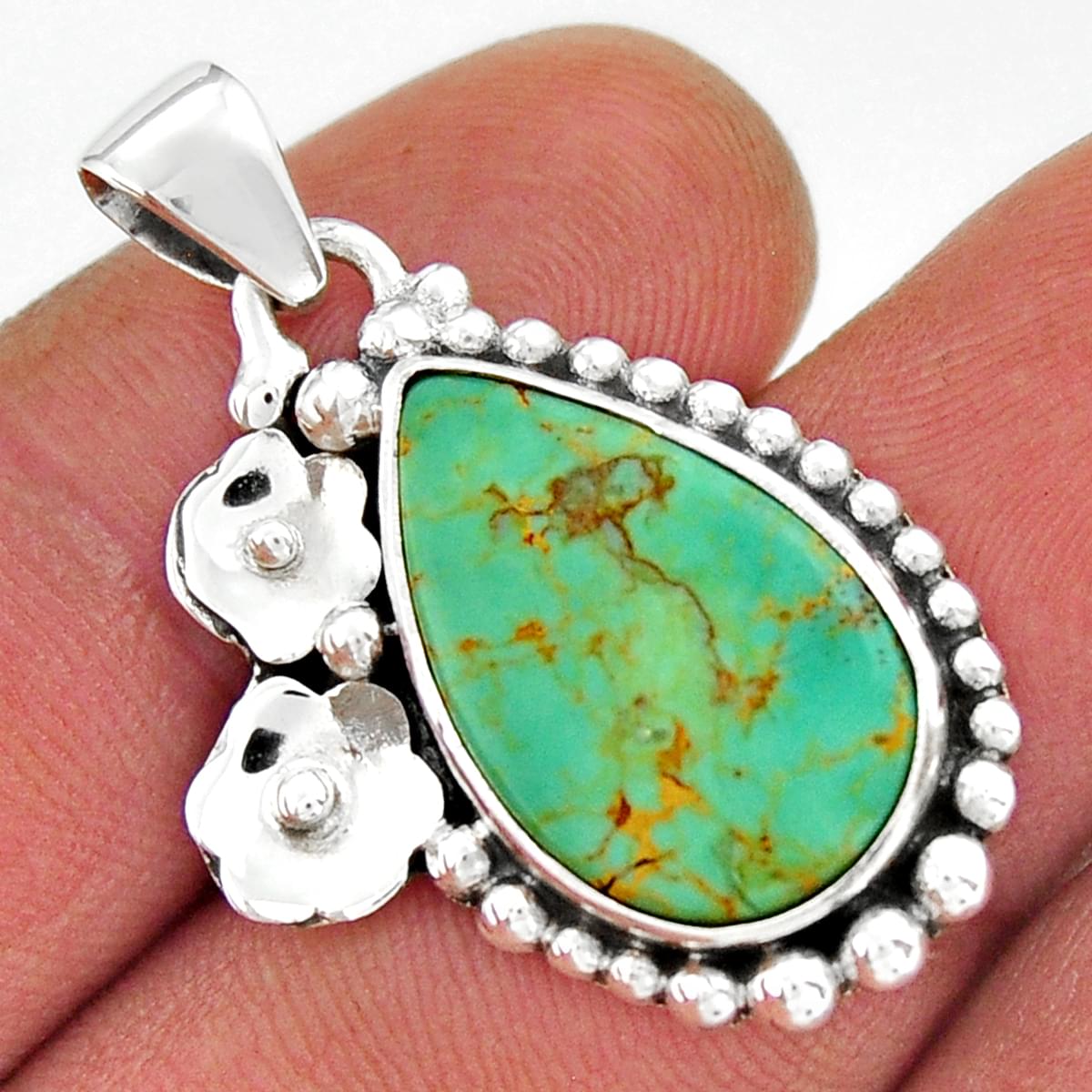 Green Arizona Mohave Turquoise Pear 925 Silver Flower Pendant Y27607 | Gemexi