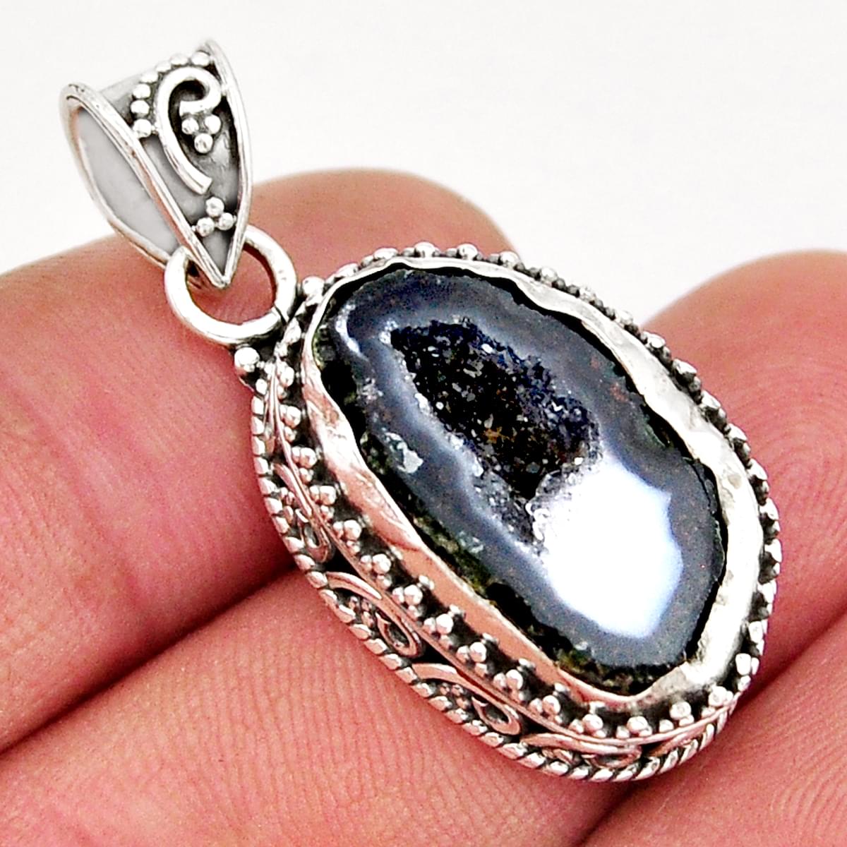 Natural Black Geode Druzy Fancy Sterling Silver Pendant Jewelry Y19014 | Gemexi