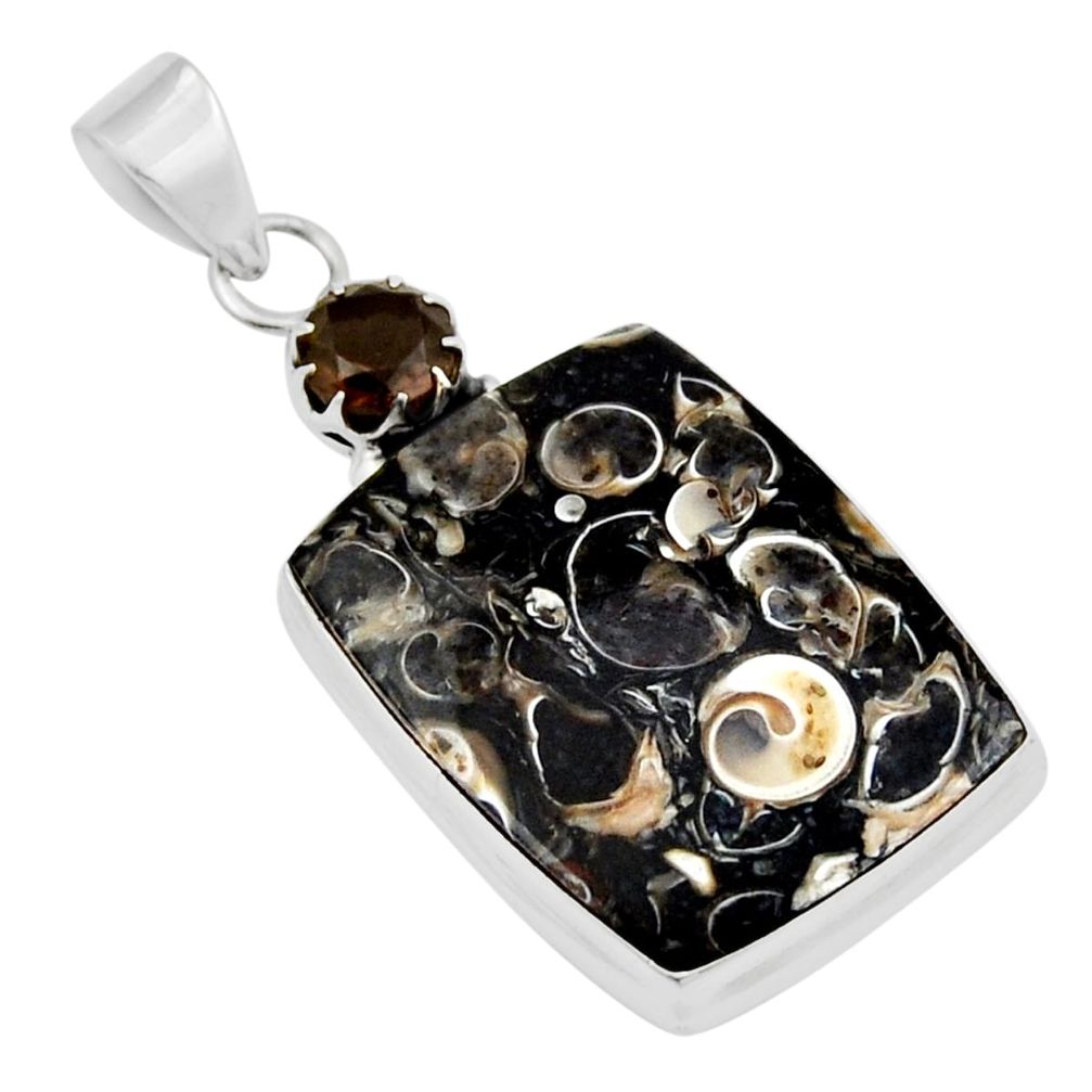 Natural Turritella Fossil Snail Agate Smoky Topaz Silver Pendant Y22955
