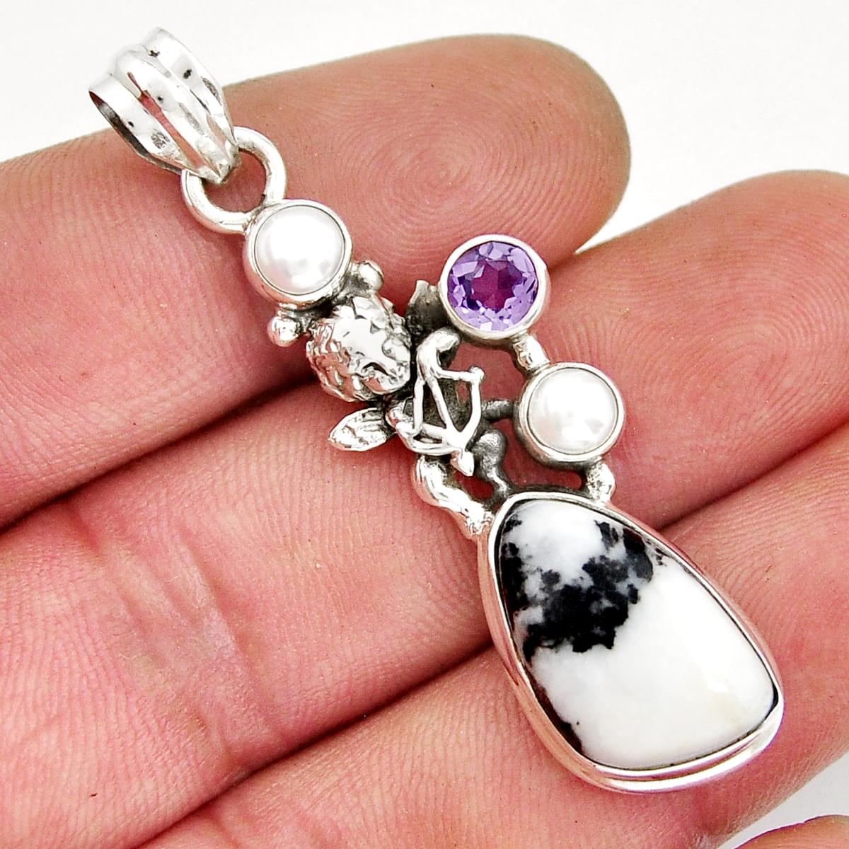 Natural White Zebra Jasper Amethyst Pearl Silver Angel Pendant Y21182 ...