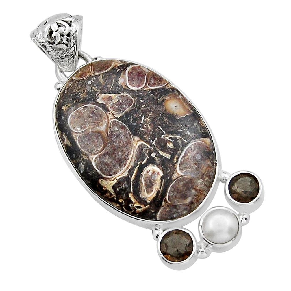 Turritella Fossil Snail Agate Smoky Topaz Pearl Silver Pendant Y21062 ...