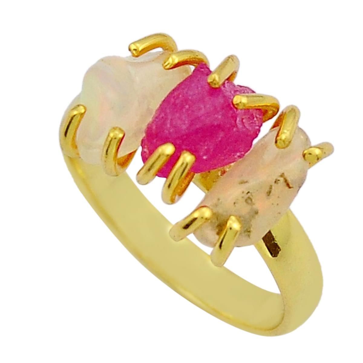3 Stone Ruby Ethiopian Opal Rough 925 Silver Gold Ring Y22663 | Gemexi