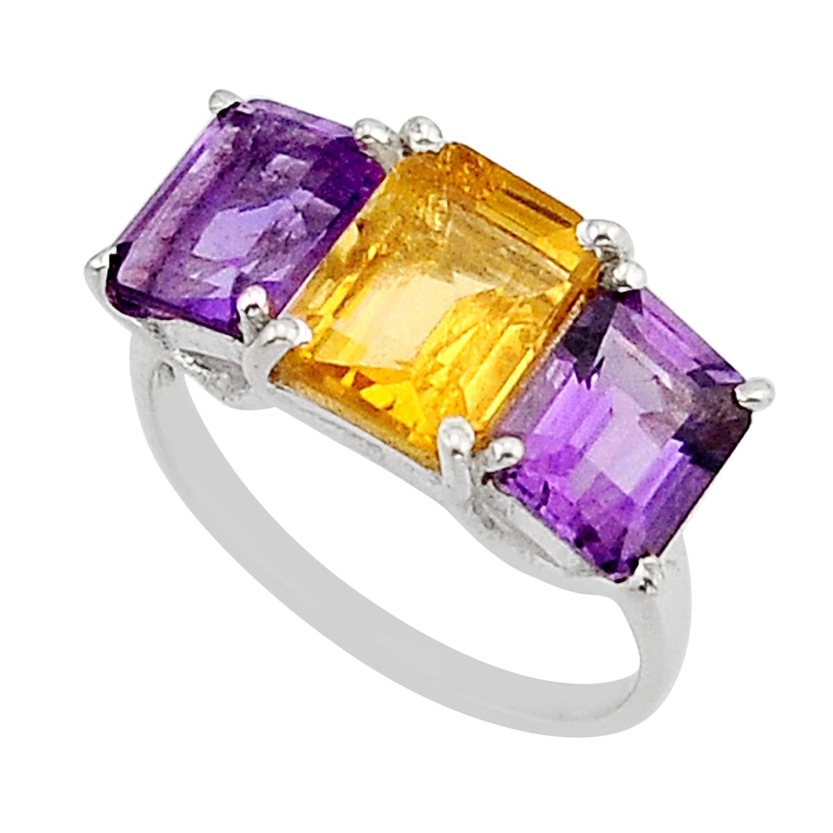 925 Silver 3 Stone Natural Yellow Citrine Amethyst Ring Y79016 | Gemexi