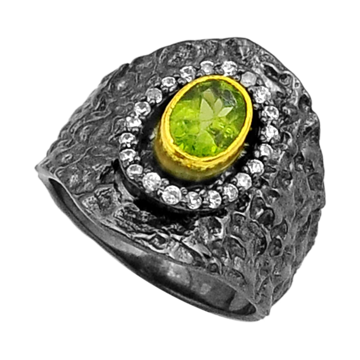 925 Silver Black Rhodium Natural Peridot Topaz Gold Ring Y20391 | Gemexi
