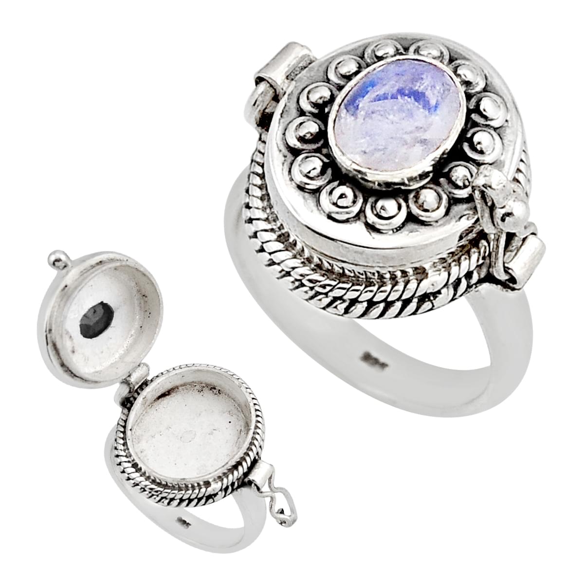 925 Silver Natural Rainbow Moonstone Oval Poison Box Ring Size 7 Y51899 ...