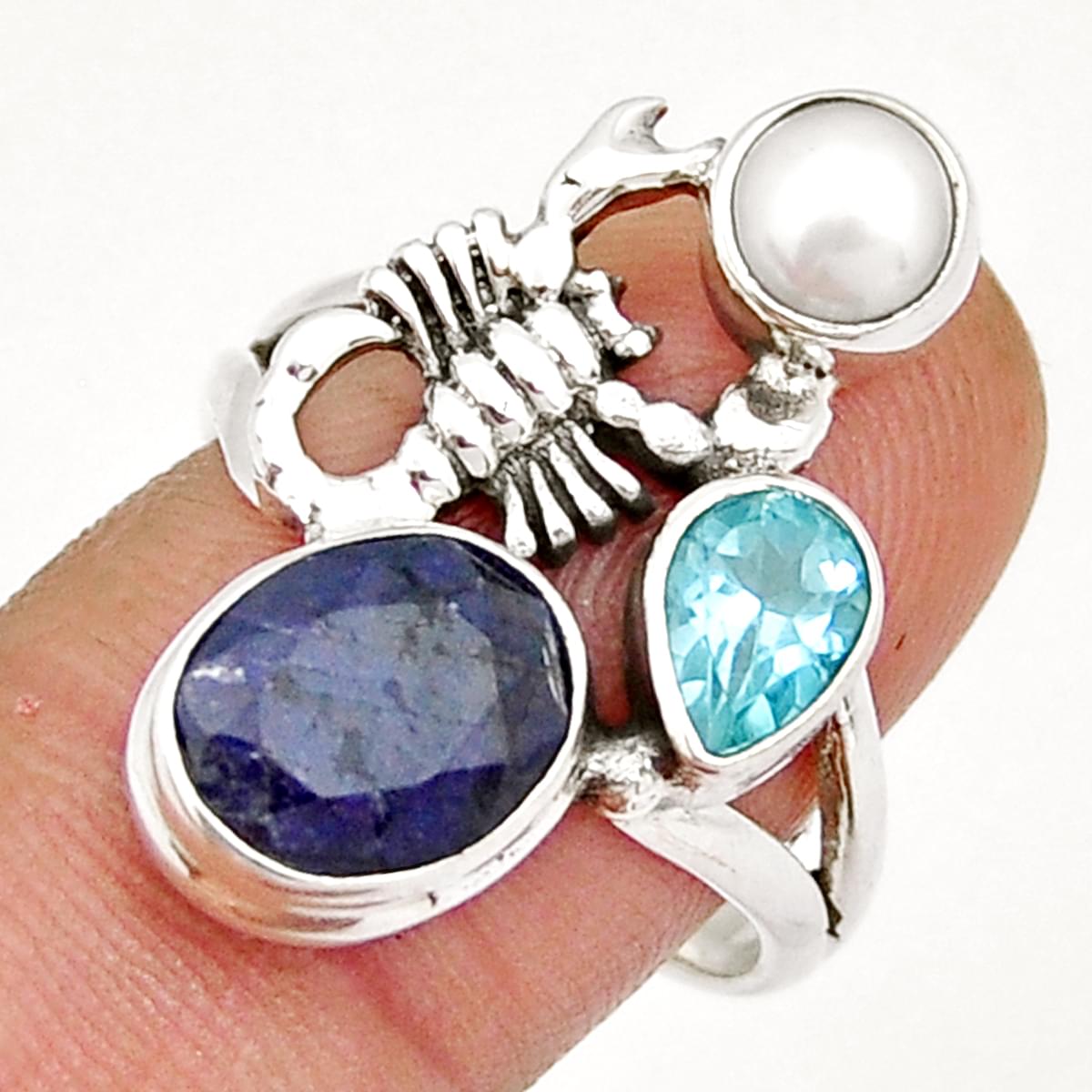 925 Silver Natural Sapphire Topaz Pearl Scorpion Charm Ring Size 9 ...