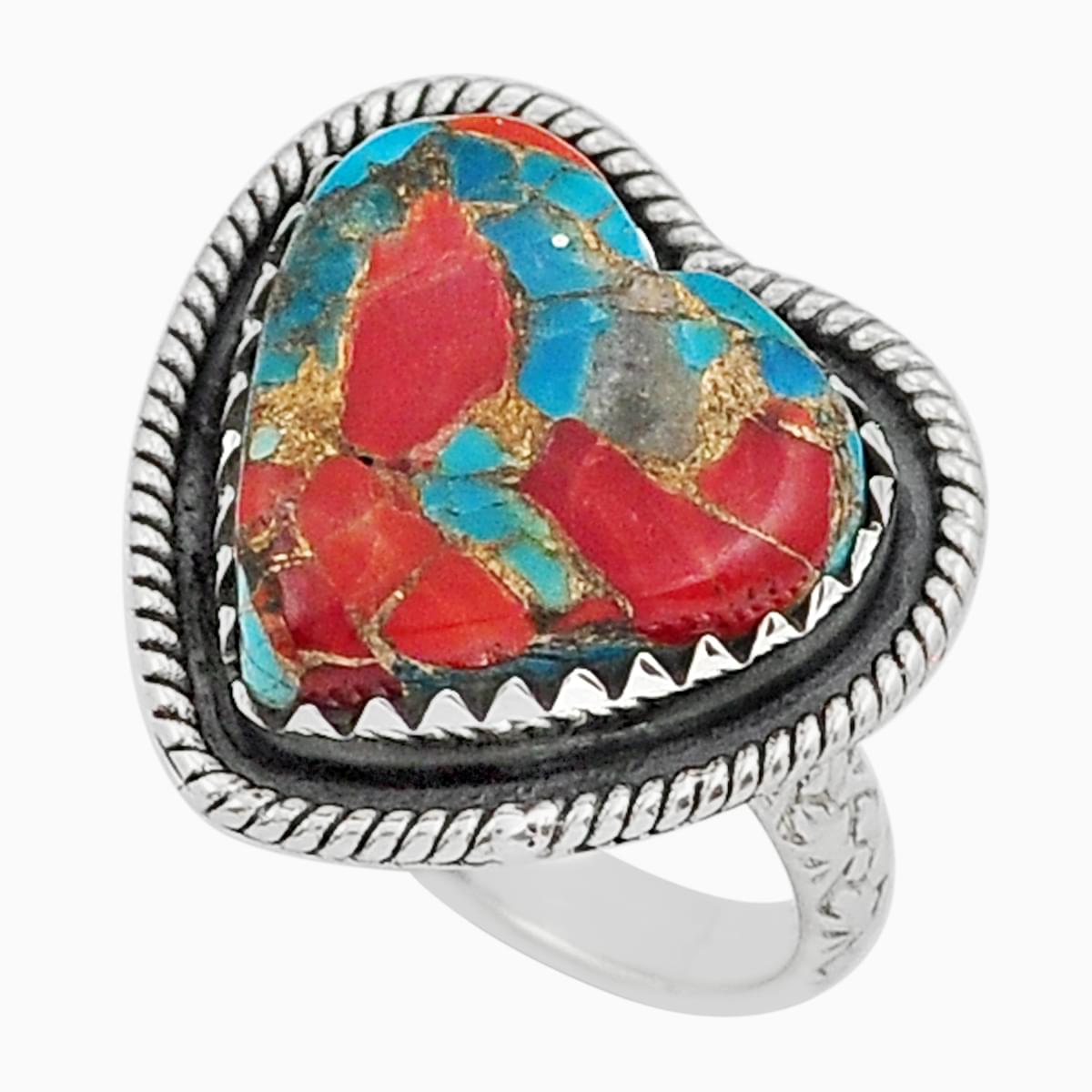 Coral Turquoise Matrix Heart 925 Sterling Silver Ring Y20029 | Gemexi