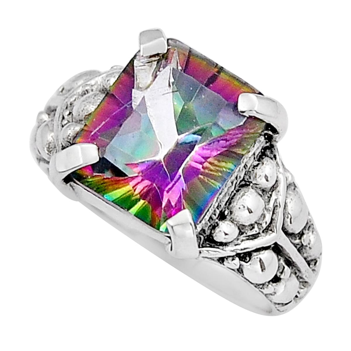 Faceted Multi Color Rainbow Topaz Octagan Silver Ring Y22027
