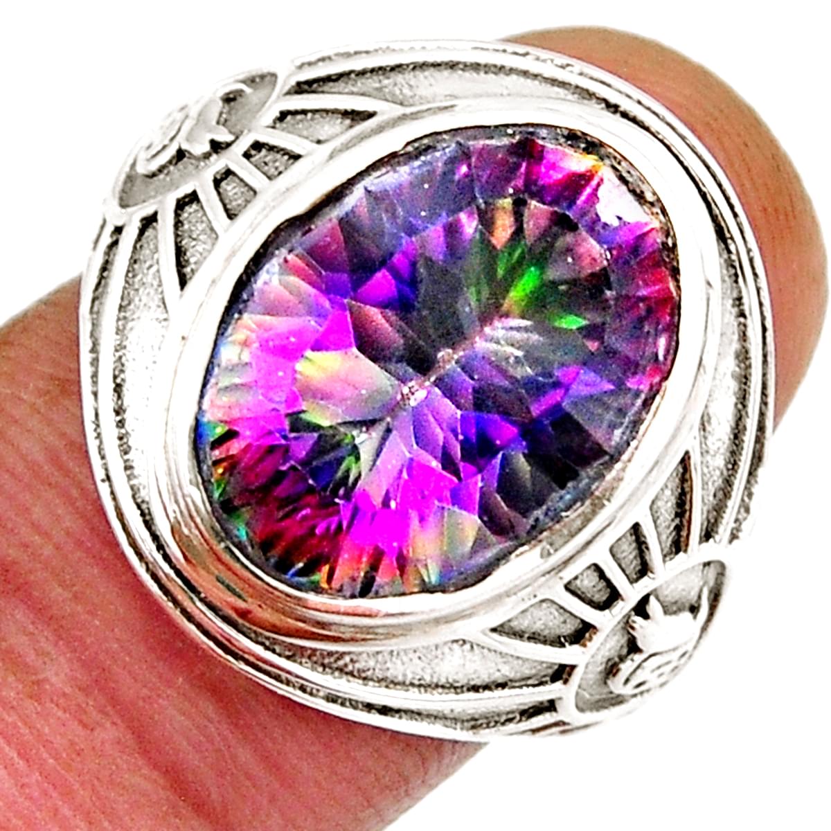 Faceted Multi Color Rainbow Topaz Oval 925 Silver Ring Y33628 | Gemexi