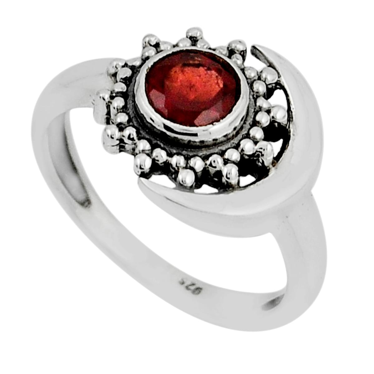 Faceted Natural Red Garnet Moon 925 Sterling Silver Ring Y58977 | Gemexi