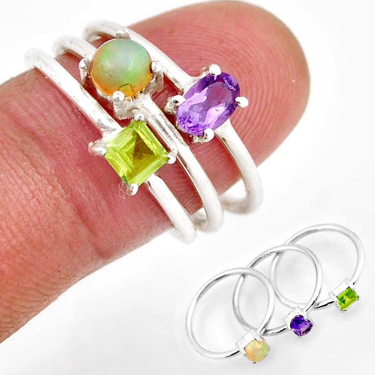 Natural Ethiopian Opal Amethyst 925 Silver 3 Rings Y50145 | Gemexi