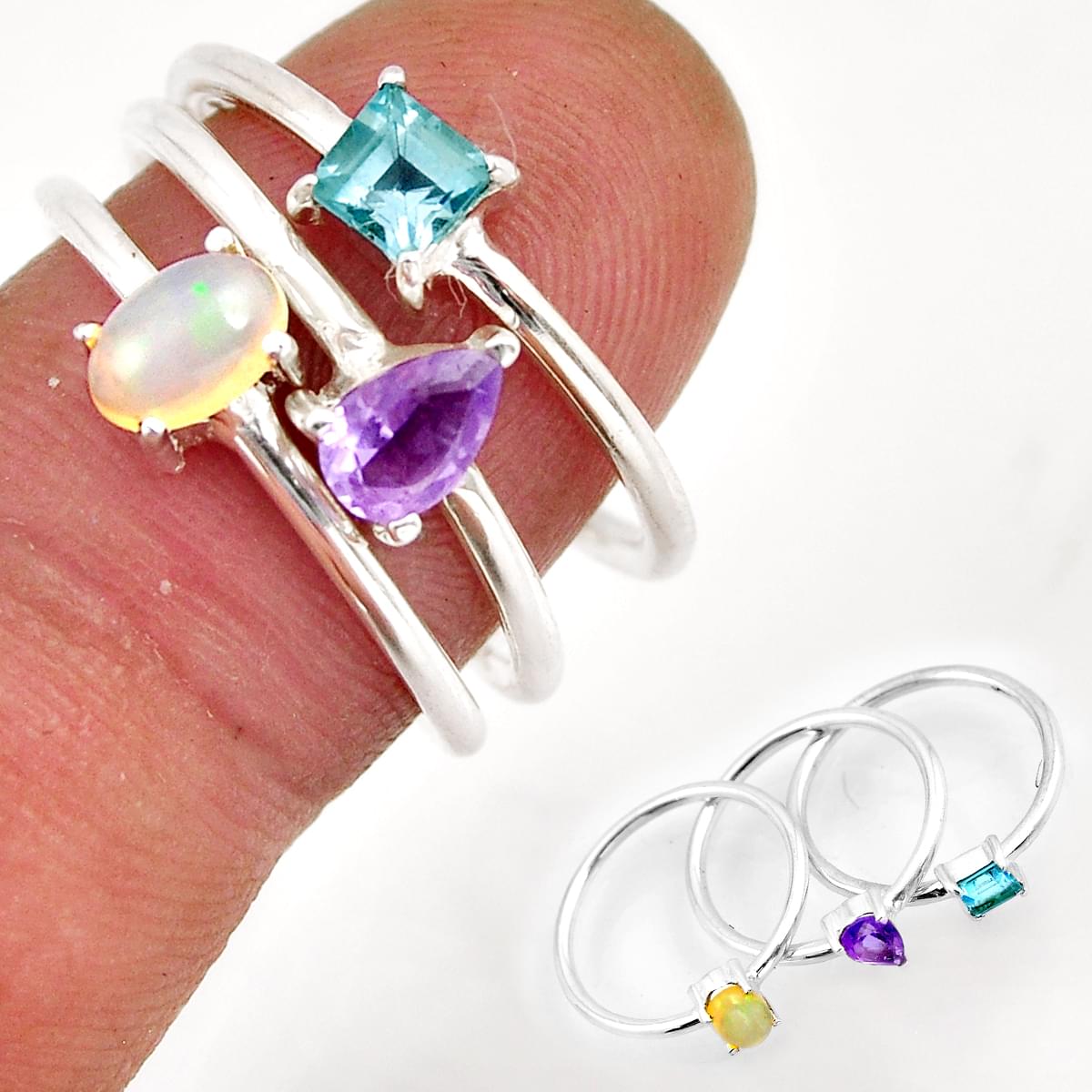 Natural Ethiopian Opal Amethyst Topaz 925 Silver 3 Rings Y50149 | Gemexi