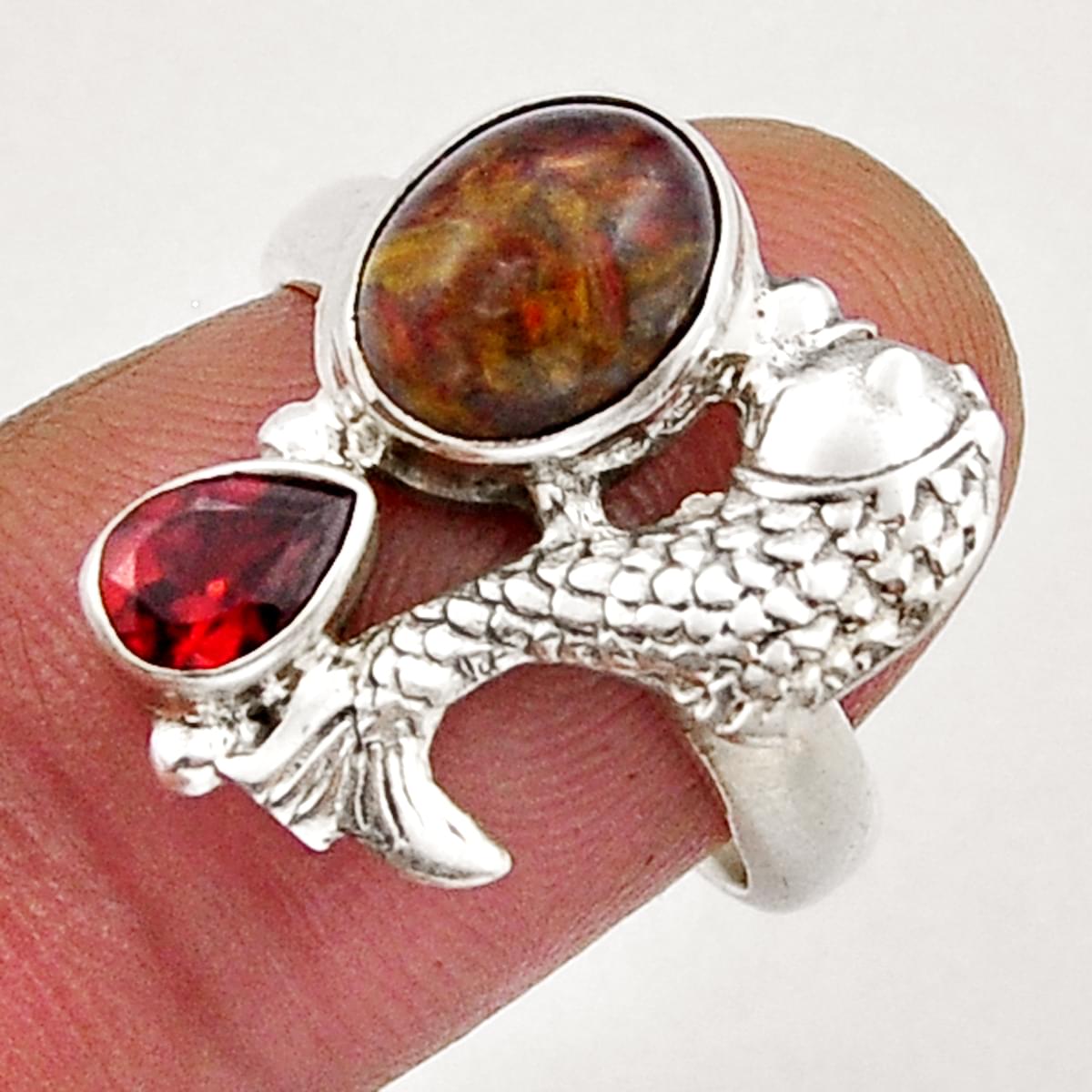 Natural Mexican Fire Agate Red Garnet 925 Silver Fish Ring Size 7 ...
